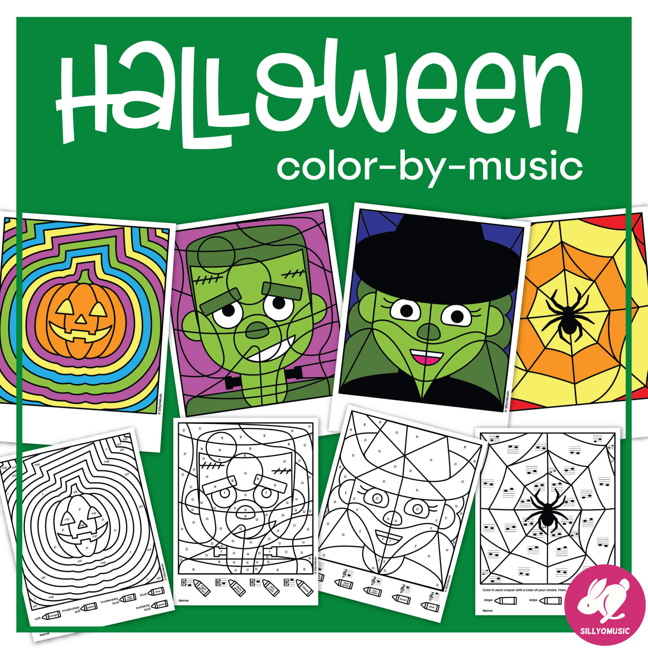 Halloween Music Color by Note Coloring Pages - notes, clefs, dynamics ...
